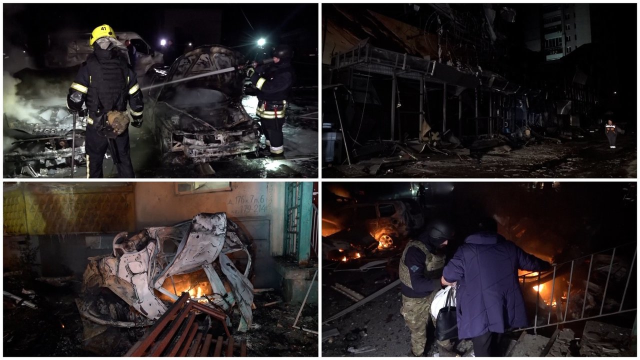 Vaizdai po dronų smūgio Charkive: išdegę automobiliai, apgadinti pastatai